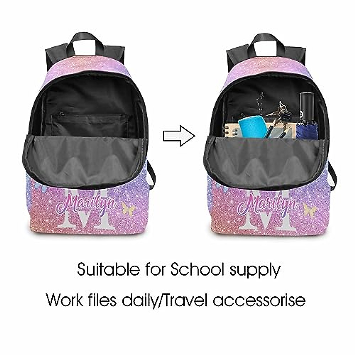 InterestPrint Customized Girls Bookbag with Lunch Bag, Personalized Glitter Butterfly Knapsack Backpack Custom Name Backpack and Lunch Box for Granddaughter Niece