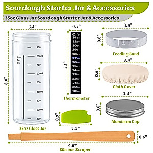 WAVEWISE 1000ML Sourdough Starter Jar Wide Mouth with Thermometer Strip, Scraper, Cloth Cover, Aluminum Lid and Date Marked Feeding Band, 35 Oz Sourdough Starter Jar Kit for Sourdough Bread Baking