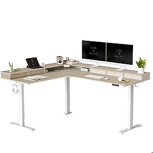 FEZIBO Triple Motor 75" L Shaped Standing Desk with 5 Drawers, Reversible Electric Standing Gaming Desk Adjustable Height, Corner Stand up Desk with Splice Board, White Frame/Light Walnut Top