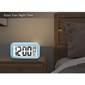 KAIJIELY Upgraded Digital Alarm Clock, 4.3" LED Display with Temperature Larger Lound Light Control Portable Snooze Calendar Brightness with Battery Powered Alarm Clocks Bedside for Everyone (Blue)