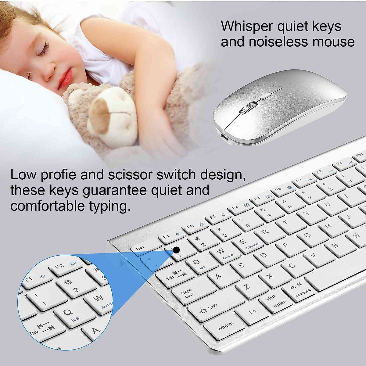 UrbanX Plug and Play Compact Rechargeable Wireless Bluetooth Full Size Keyboard and Mouse Combo for Microsoft Surface Duo 2 Supports Windows, macOS, iPadOS, Android, PC, Mac, Laptop, Tablet -White
