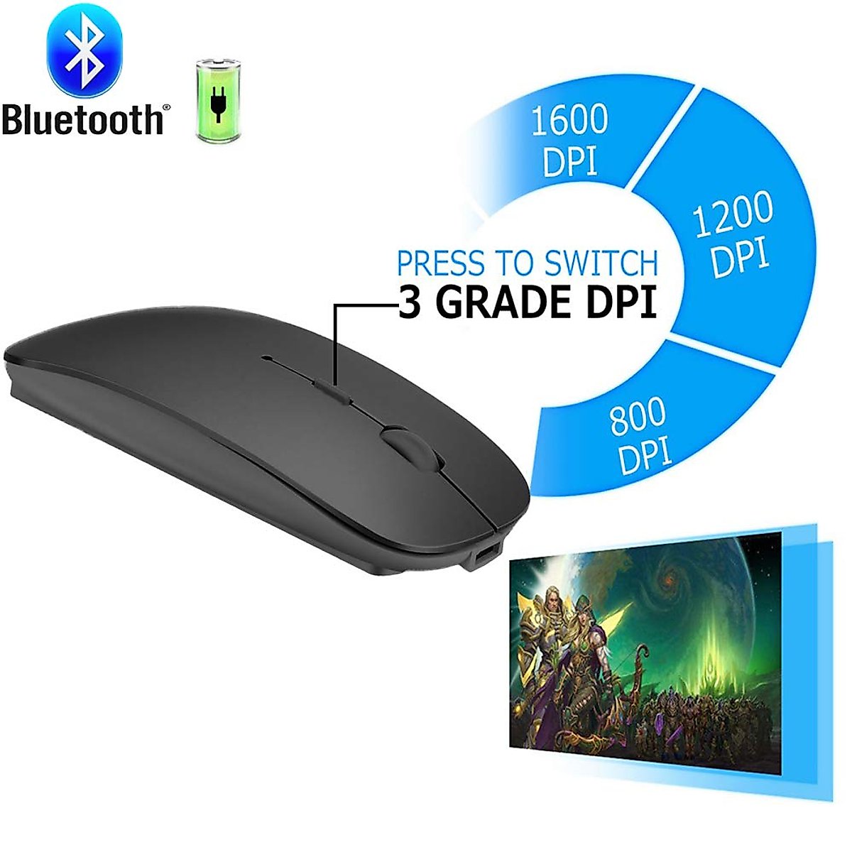 KLO 4 Modes Rechargeable Bluetooth Mouse/Bluetooth 3.0/5.2+USB-2.4G/Type-C,Bluetooth Mouse for MacBook pro/MacBook air/Laptop/iMac/ipad/Notebook/pc（BT/USB-C Black）