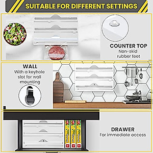 3-in-1 Acrylic Wrap Dispenser with Cutter White | Foil Plastic Wrap Storage Organizer| Aluminum Foil Wrap Organizer for Kitchen Storage