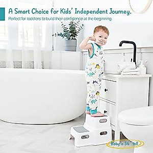 Toddler Step Stool for Bathroom Sink, 2 Step Stool for Kids Toilet Potty Training, Non-Slip Toddlers Baby Child Kid Plastic Poop Stools with Handle to Reach Kitchen Counter Bed (White-Grey)