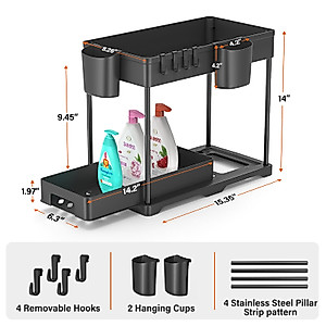 HINZER Under Sink Organizers and Storage, Slide Out Kitchen Cabinet Organizer 2 Tier Bathroom Counter Organizer with Hooks, Hanging Cups, Dividers, Multipurpose Cleaning Supplies Organizer for Home