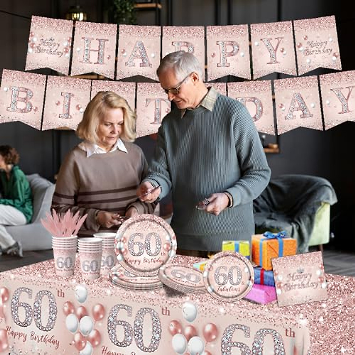 60th Birthday Tableware Decorations for Women, 142Pcs Pink Rose Gold 60th Birthday Supplies Plates and Napkins,Cups,Tablecloth,Happy 60th Birthday Banner for 60 Years Old Birthday Party