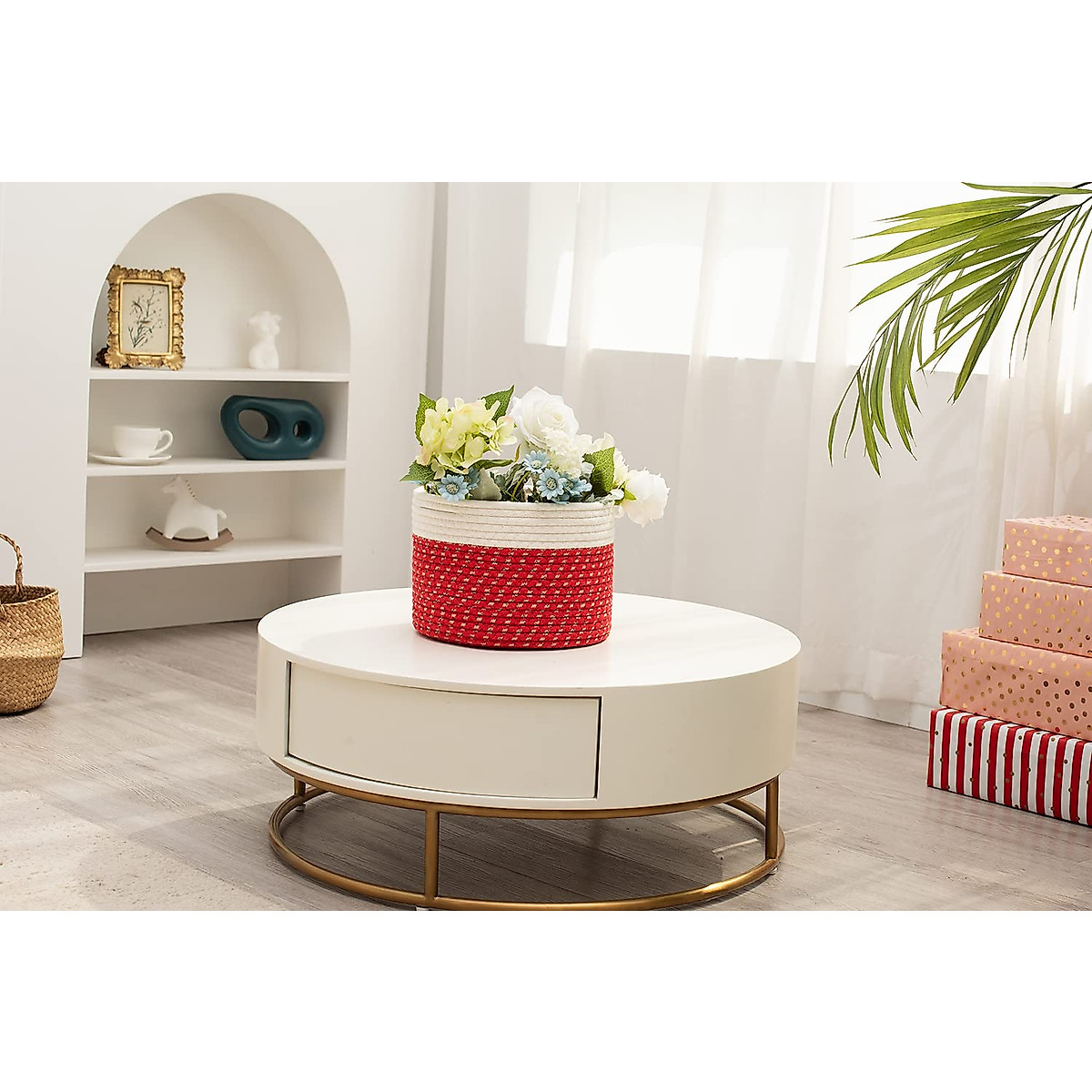 LixinJu Small Baskets for Organizing Small Woven Basket Set of 2 Red Small Rope Basket Set with Handle for Toy Cotton Round Storage Kids Baby Dog Cat Gifts, 9.5"x9.5"x7"