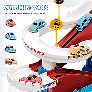 Race Track Toys for Kids Car Adventure Toy Dinosaur Climbing Hills Railcar with 4 Cars Colorful Vehicles Construction Play Set