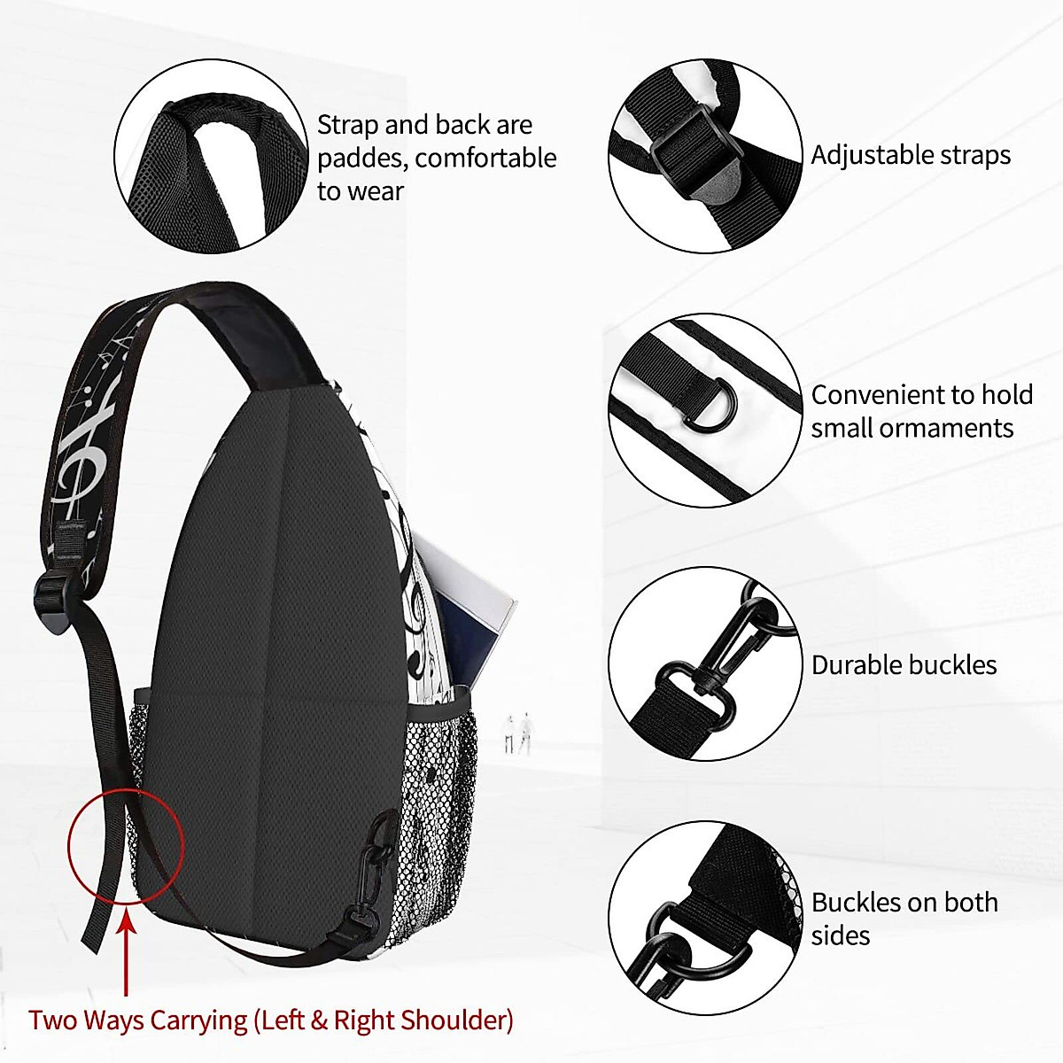 Dujiea Crossbody Backpack For Men Women Sling Bag, Piano Keys Music Note Chest Bag Shoulder Bag Lightweight One Strap Backpack Multipurpose Travel Hiking Daypack