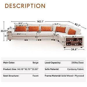 Yoglad 142’’ L-Shaped Reversible Corner Modular Sectional Sofa, Comfy Oversized Couch with Armrests Storage Rack, Plush Cozy Corduroy Upholstered Deep Seat Furniture for Living Room, Office (Beige)