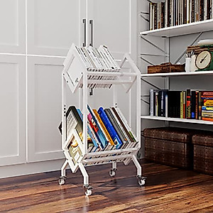 VEDECASA Bookshelf Book Cart Rack Industrial Metal Bookcase 2 Tier Holder with Wheels Modern Stylish Design Magazines Files Album Recipe Book Storage Organizer for Sofa End Bed Beside