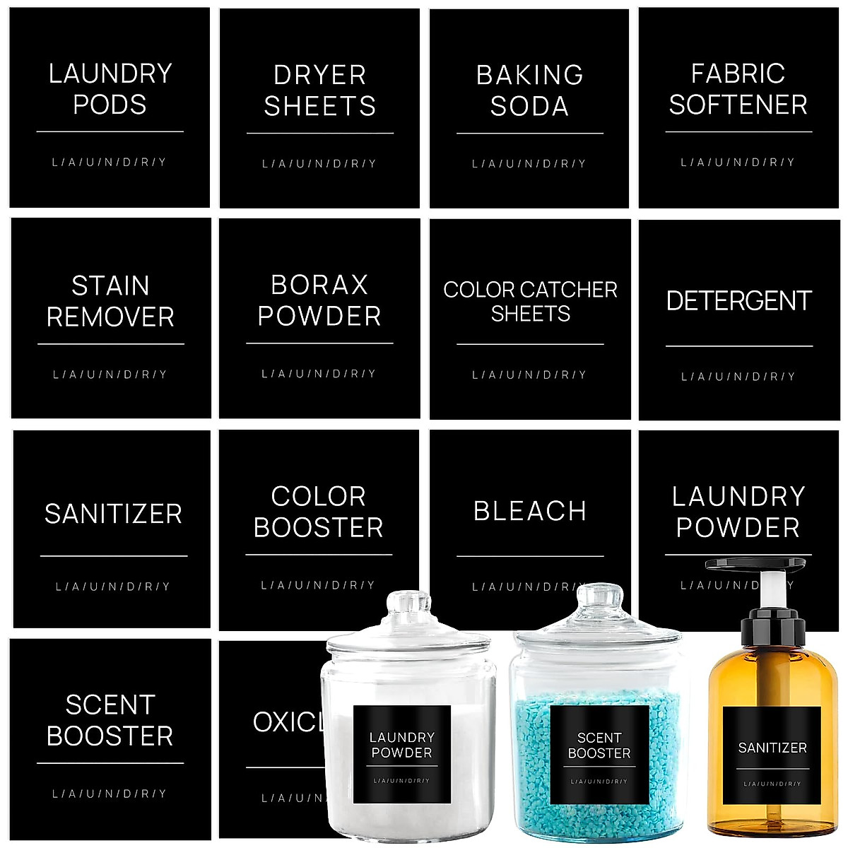 HVSWLY Laundry Labels for Jars,14 PCS Minimalist Laundry Room Sticker Labels,Removable Waterproof Labels for Laundry Containers,Home Storage Organization(Black)