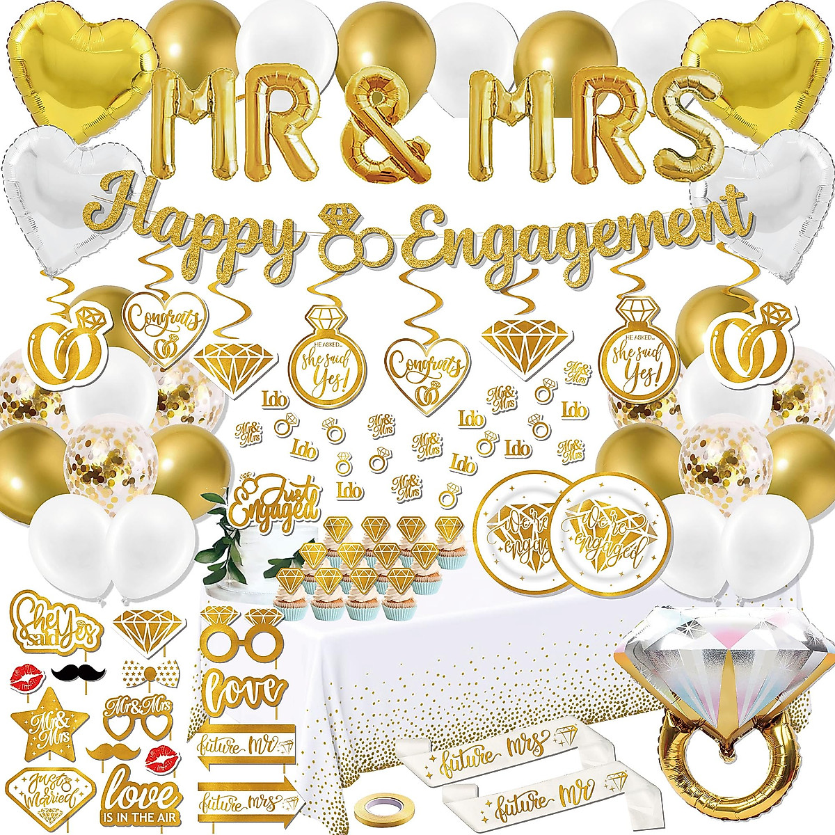 gold engagement party decorations - (Total 90pcs) Glitter happy Engaged Banner, MR and MRS Balloons, Hanging Swirl,balloons, Ring Balloons for Wedding Engagement Party Decor