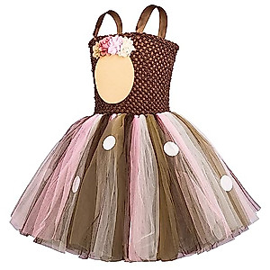 Tutu Dreams Reindeer Costume Girls Kids Flower Pink Tutu Dress with Antler Headband Halloween Birthday Christmas Jungle Party