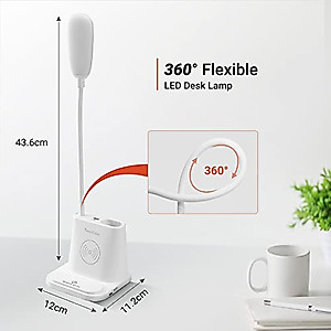 NovoLido LED Desk Lamp with Wireless Charger, Small Desk Light with 10W Quick Adapter, USB Charging Port, Pen Holder, Small Flexible Portable Lamp for Kids, Home, Office, Dorm, Bedside