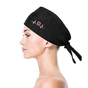 Lusofie Adjustable Working Cap with Button Sweatband Surgical Cap Nurse Hat Cotton Ponytail Holder Scrub Caps Tie Back Hats for Women Men