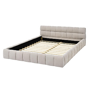 DEINPPA Queen Modern Bed, Chenille Upholstered Platform Bed with Cloud Soft Headboard, Grounded Upholstered Wood Base Platform Bed, Italian Style Modern Beds-Beige