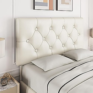 Yaheetech Full Upholstered Bed Frame with 4 Storage Drawers and Adjustable Headboard, Faux Leather Platform Bed Frame with Mattress Foundation, Strong Wooden Slats Support, No Box Spring Needed, Beige