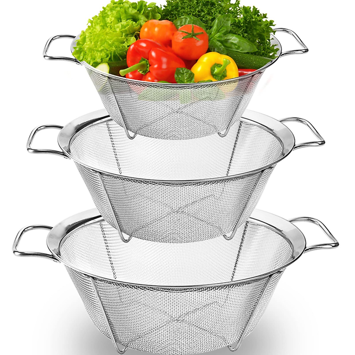 Dicunoy Set of 3 Strainers and Colanders, Stainless Steel Mesh Strainer Basket with Handle, Stackable Mesh Footed Colander for Rinse Food, Fruit, Vegetable, Strain, Drain (2.5/3/5 Quart)