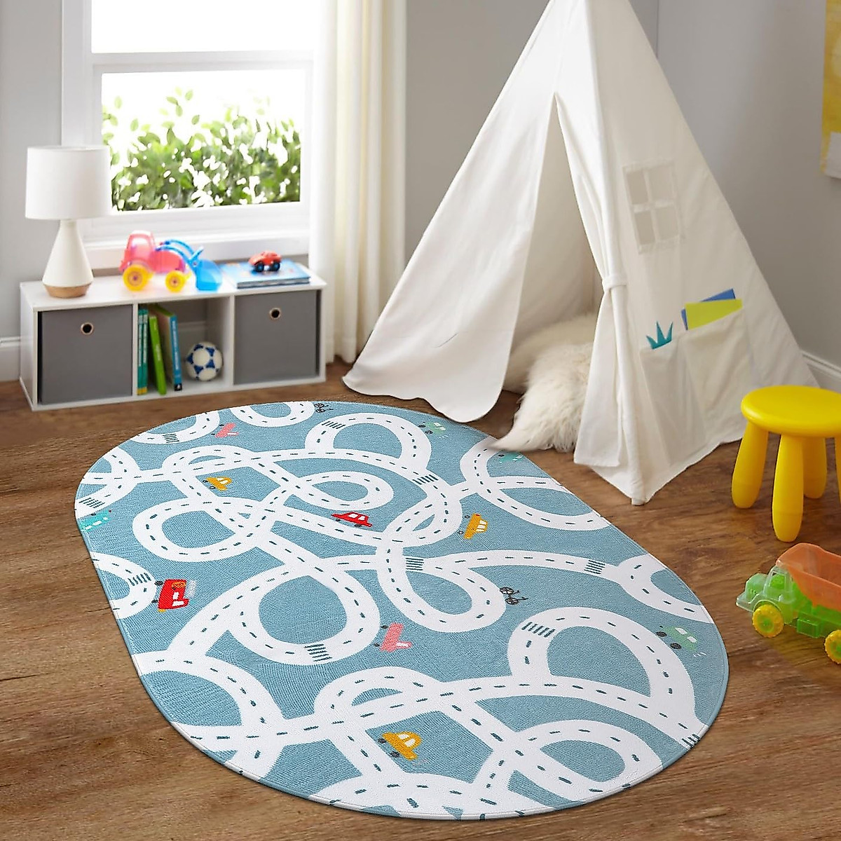 STARUIA Large Kids Playroom Rug, 4'x6' Washable Road Rug for Nursery, Non-Slip Fun Area Rug for Kids Room, Blue Car Rug Play Mat Soft Baby Carpet for Boys Girls Dorm Toy Room Tent