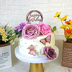 20 PCS Flower Cake Toppers Butterfly Cake Decorations Happy Birthday Cake Toppers with Pink Purple Flowers Eucalyptus Butterflies for Birthday Party Wedding Baby Shower Supplies (Pink Purple)