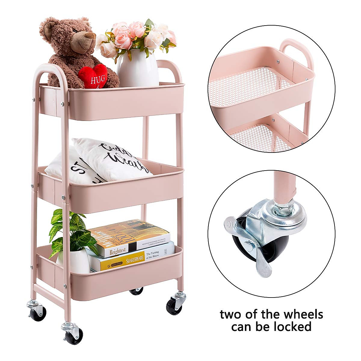 AGTEK Makeup Cart, Movable Rolling Organizer Cart, 3 Tier Metal Utility Cart, Rosiness