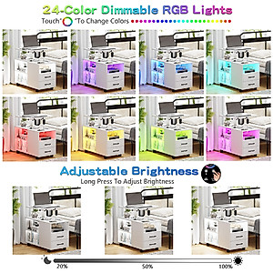 JDPAG RGB Nightstand with Wireless Charging Station, Smart End Table with 24-Color LED Lignts, Modern Night Stand with 360° Laptop Tray, Large Side End Table with Open Shelf, 5 Wheels