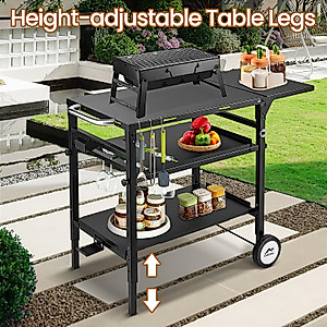 CEED4U Folding Grill Cart Table with Three-Shelf, 40" x 20" Movable BBQ Cart Sturdy, Height-Adjustable, Spacious Tabletop Grill Stand Dining Cart Table for Car Tailgating, Camping, Party