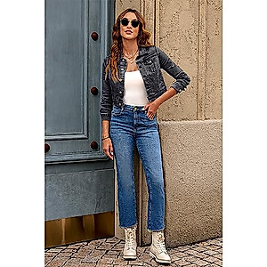 luvamia Womens Fashion Long Sleeve Button Down Stretchy Denim Jean Jacket Denim Jacket For Women Shirt Jacket Women Women Clothing Faded Black Size Small Fits Size 4 / Size 6