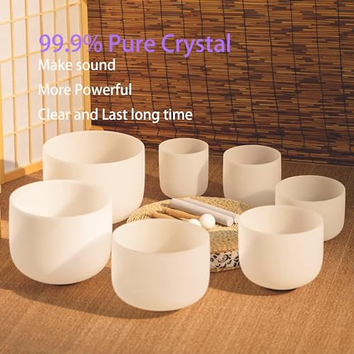 Hye-eun Crystal Singing Bowl Set of 7,7"-12" Frosted Quartz Meditation Chakra Sound Bowls with 2 Pcs Carrying Cases for Yoga Sound Healing