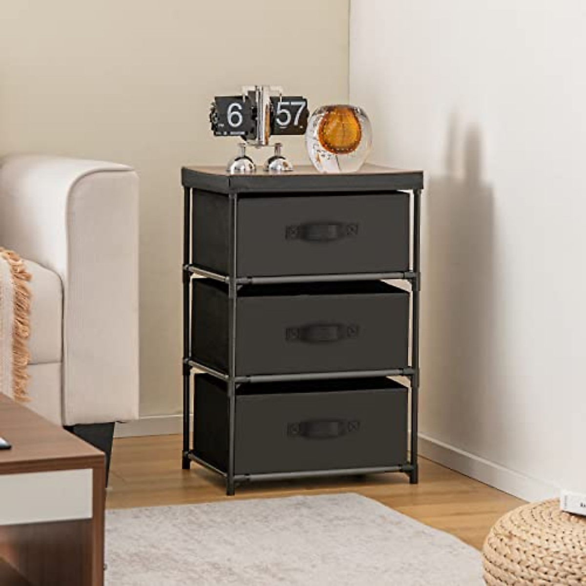 Giantex Nightstand with 3 Fabric Drawers, 24.5" Tall Bedside Table with Removable Lid for Bedroom, Study, Storage Dresser Organizer, Easy Assembly, Black and Rustic Brown