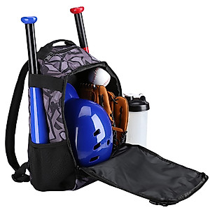 ZOEA Baseball Bat Bag Backpack, T-Ball & Softball Equipment & Gear for Youth, Large Capacity Holds 2 Bats, Helmet, Gloves, Cleats, Helmet Holder and Includes Fence Hook (Black)