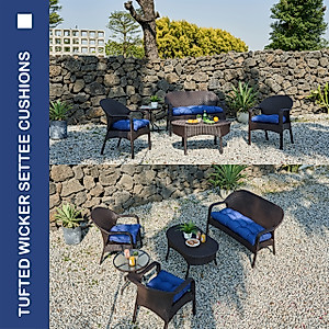 YOOZEKU Outdoor/Indoor All Weather Tufted Wicker Chair Cushions of 3 Pieces, 1 Loveseat and 2 U-Shape Waterproof Cushions for Patio Furniture,Wicker Loveseat,Bench-Navy Blue