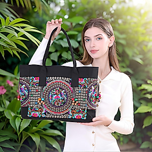 Embroidered Canvas Top Handle Handbag, Ladies Casual Vintage Shoulder Bag Fashion Tassels Handbag (Golden Flower)