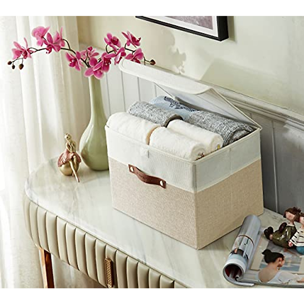 DECOMOMO Foldable Storage Bin with Lids [3-Pack] Collapsible Sturdy Cationic Fabric Storage Basket Box Container W/Handles for Organizing Shelf Nursery Linen (Beige and White, 15 x 11 x 11” – 3 Pack)