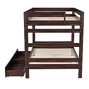 Full Over Full Bunk Bed with 2 Drawers, Solid Wood Bunk Bed Frame with Ladders & Storage Drawers, Bedroom Furniture Can Be Divided Into Two Individual Beds