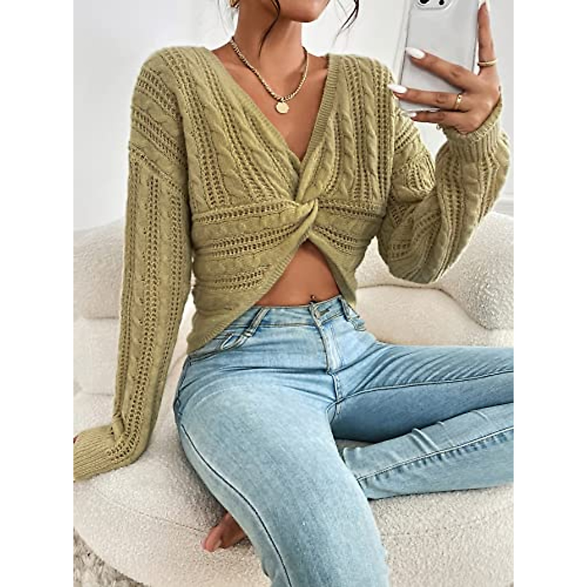 WDIRARA Women's Cable Knit Twsit Front V Neck Long Sleeve Crop Sweater Pullover Khaki L