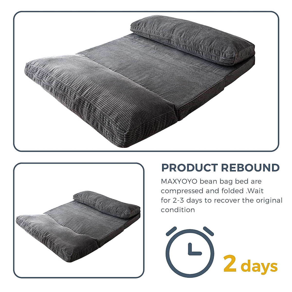MAXYOYO Bean Bag Bed Folding Sofa Bed Floor Mattress for Adults, Extra Thick and Long Floor Sofa with Corded Washable Cover, Dark Grey, 30x95 Inch