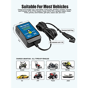 Heagstat Battery Charger, 12V 2-Amp Fully-Automatic Smart Trickle Charger and Maintainer for Car Motorcycle Lawn Mower Boat ATV Lead-Acid and Lithium(LiFePO4) More