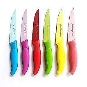 Jean-Patrique Non-Stick Steak Knife 6 Piece Set | Steel Blades Protector FREE Perspex Clear Knives Block