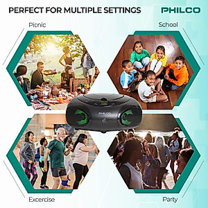 Philco Portable Bluetooth Boombox CD Player with AM FM Radio and USB Playback | Fun Lights |Stereo Sound | CD Player is Compatible with MP3/WMA/CD-R/CD-RW CDs | 3.5mm Aux Input | AC/Battery Powered