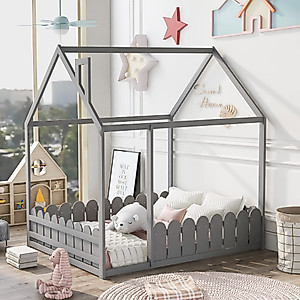 MERITLINE House Bed Full Size Playhouse Bed Frame with Roof Full Kids Bed for Girls Boys, Box Spring Needed, Grey
