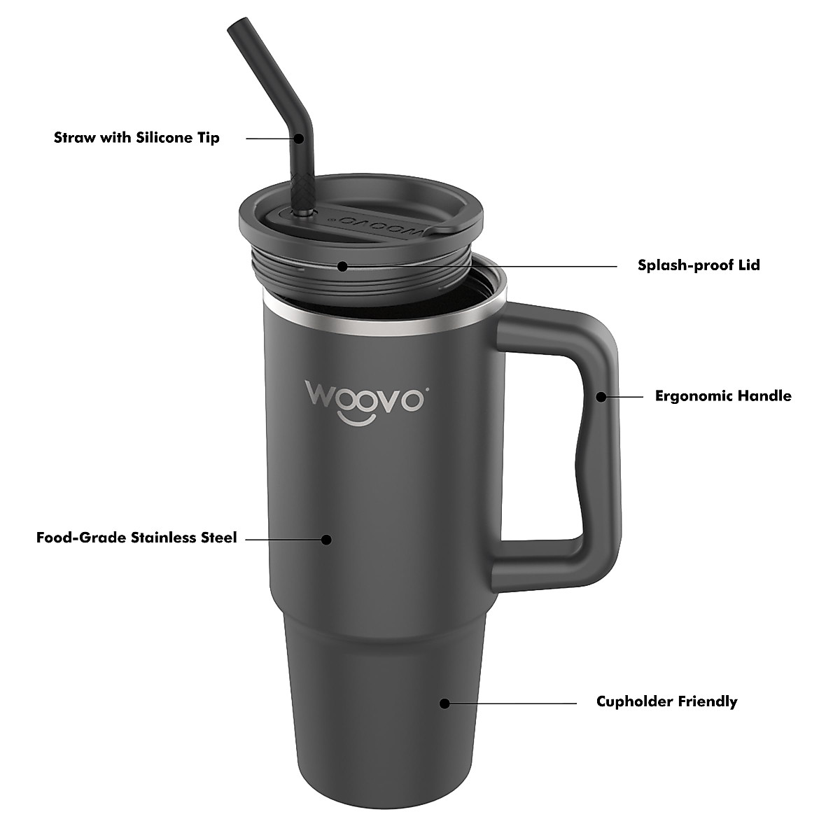 WOOVO 30 oz Tumbler with Lid and Straw, Insulated Water Bottle with Handle for Adults, BPA Free Travel Mug Reusable Double Wall Stainless Steel Cup Stay Cold Hot, Black