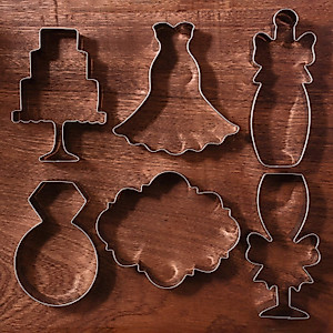 LILIAO Wedding Cookie Cutter Set for Anniversary/Bridal/Engagement - 6 Piece - Diamond Ring, Wedding Dress, Cake, Plaque, Champagne with Ribbon and Champagne Glass with Ribbon - Stainless Steel