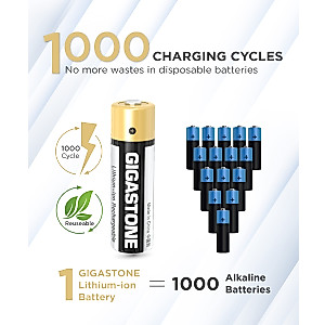 Gigastone Rechargeable Lithium AA Batteries, 1.5V Constant Voltage, 3000mWh High Endurance 1000x Cycles, Built-in Safety Protection, 4-Pack AA Batteries + 8-Bay Fast Charging AA AAA Battery Charger
