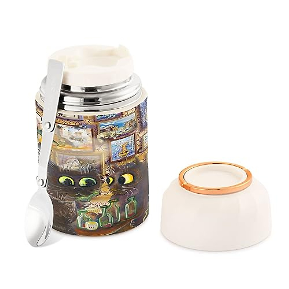 CUPADA Cats Eyes Funny Food Jar, Oil Painting Cute Insulated Hot Food Jars Vacuum 17OZ with Folding Spoon for Work Trip Picnic Camping