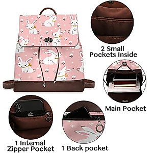 Cute Rabbit PU Leather Backpack Purse, Bunny Flower Shoulder Rucksack College School Bookbag Travel Daypack for Women Ladies