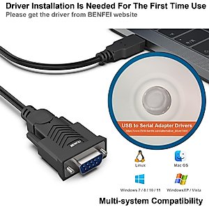 BENFEI USB to Serial Adapter, USB to RS-232 Male (9-pin) DB9 Serial Cable, Prolific Chipset, Windows 11/10/8.1/8/7, Mac OS X 10.6 and Above, 1.8M（Not VGA）