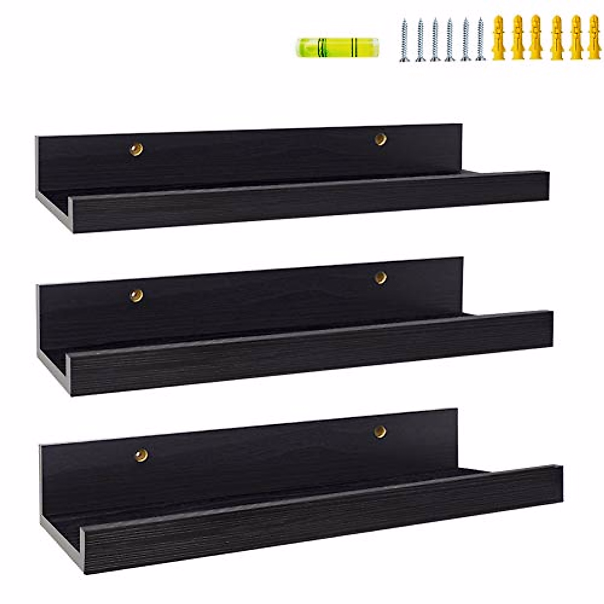 16 Inch Black Floating Shelves Set of 3, Picture Ledge Wall Mount Shelf for Bedroom, Living Room, Office, Kitchen