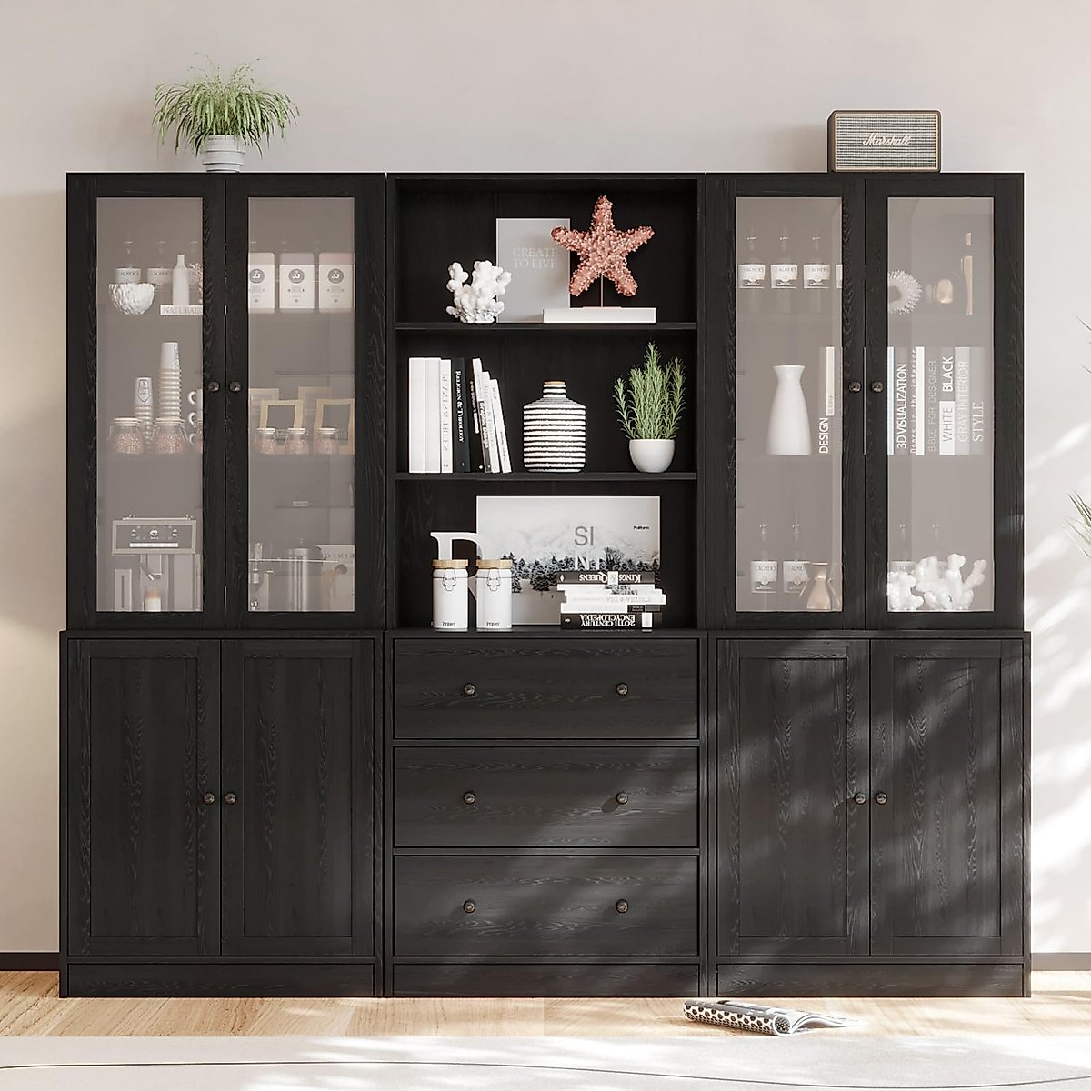 VOWNER Vertical File Cabinet, 3-Tier Modern Bookshelf with 3 Large Drawer, Wood Filing Cabinet with Open Storage Shelf, Glass Doors and Fixed Storage Shelves for Home Office, Black